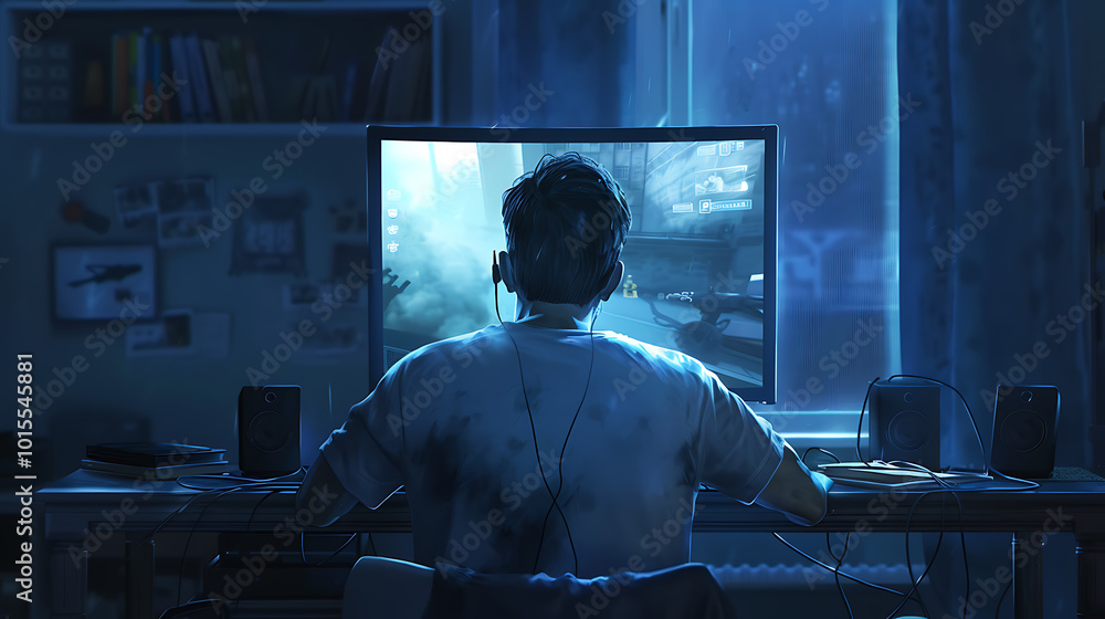 gaming setup, realistic scene of a man engrossed in a shooting video ...