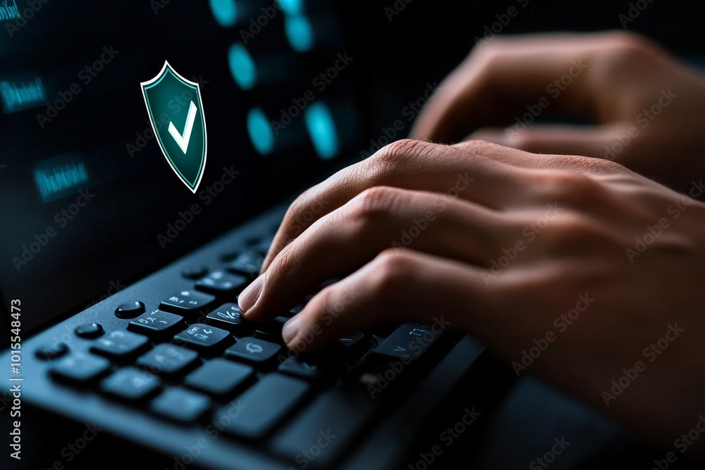 Realistic image of a person typing on a keyboard with a shield icon on ...