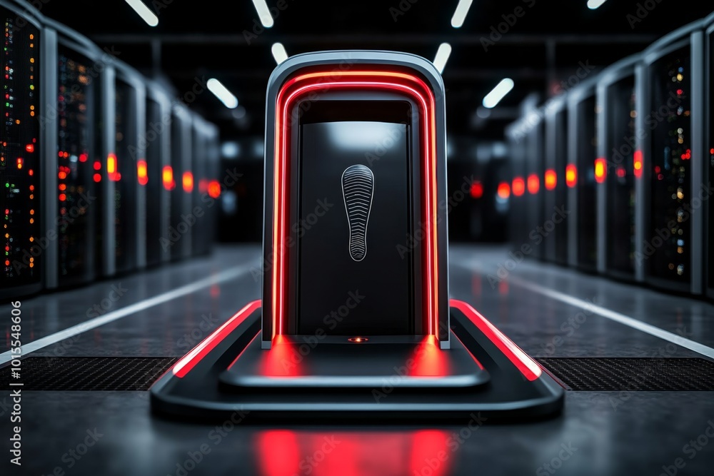 Realistic image of a server room with biometric security measures at ...