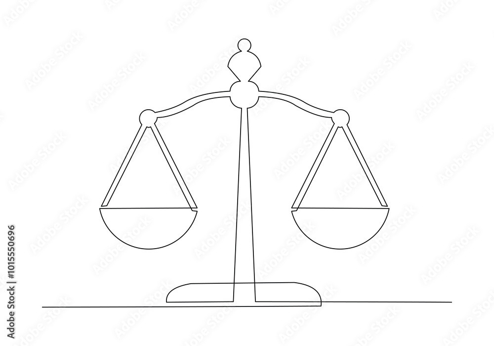 Continuous single line sketch drawing of gavel law balance and scale of ...