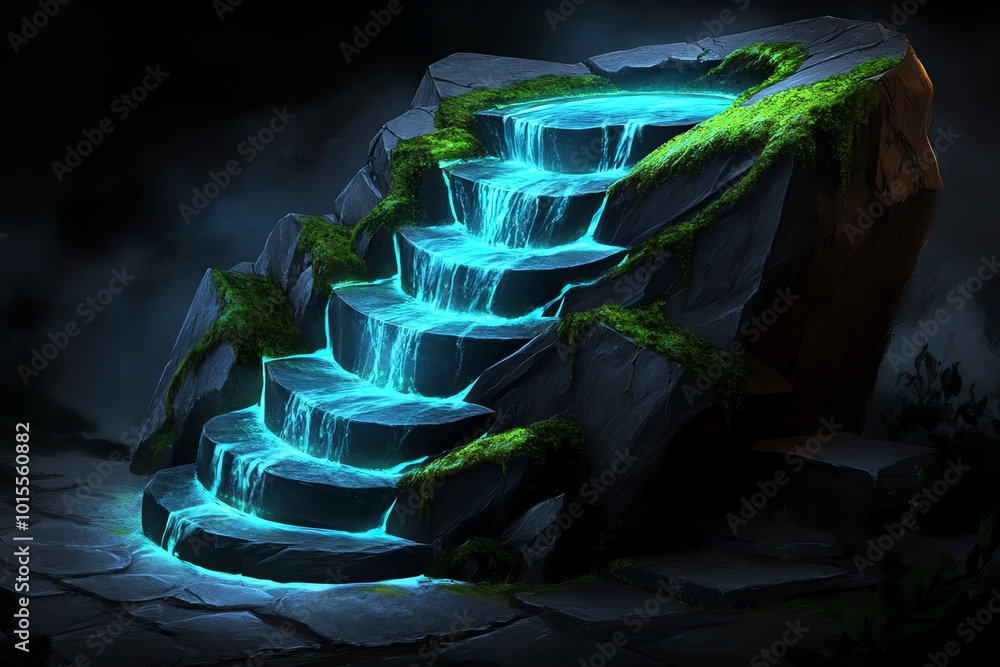 Enchanted waterfall in a fantasy forest, with glowing water cascading ...