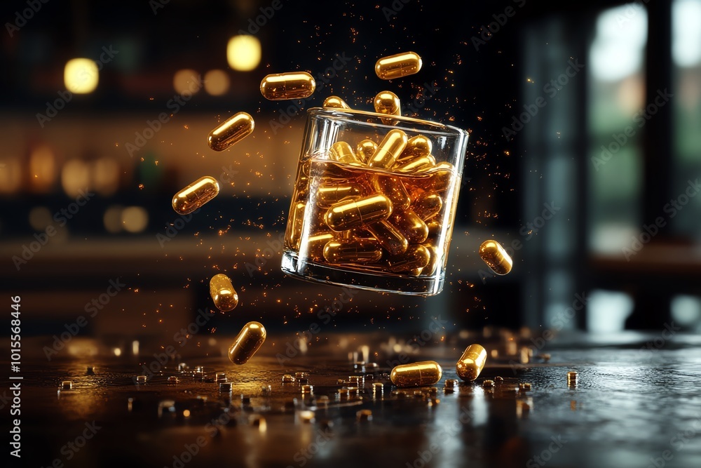 Fantasy depiction of a potion transforming into capsules in mid-air ...