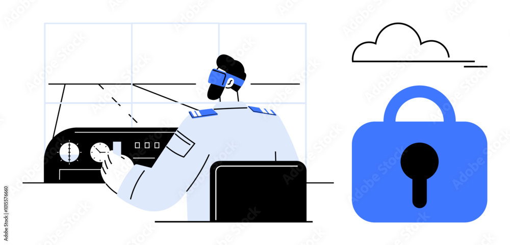 Pilot in uniform seated at control panel operating aircraft controls ...