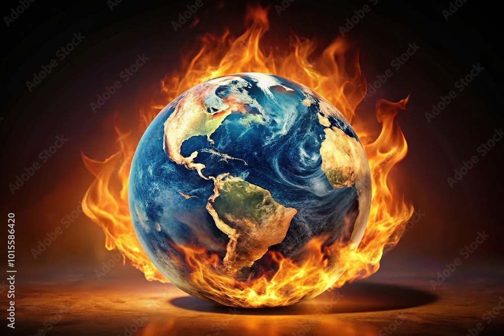 Global warming symbolized by a globe on fire against the sky Stock ...