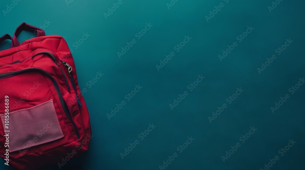An empty bright red school backpack sits against a pastel blue ...