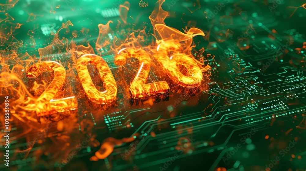 The number 2026 appears engulfed in flames on a digital green circuit ...