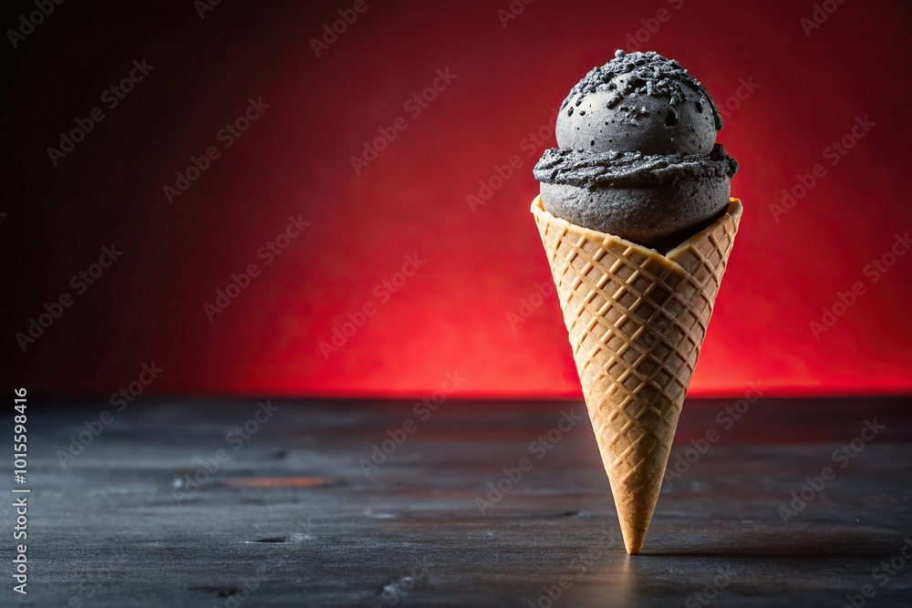 Gourmet presentation of black sesame ice cream in charcoal cone on ...