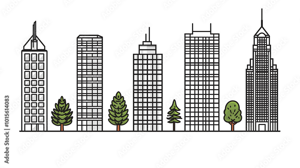 simple line art illustration depicting a cityscape with several tall ...