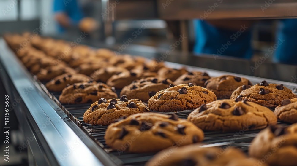 Rows of warm chocolate chip cookies glide along a conveyor belt in a ...