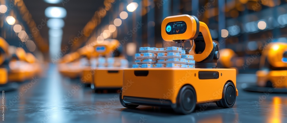 Orange robotic cart transporting stacked boxes in a modern warehouse ...