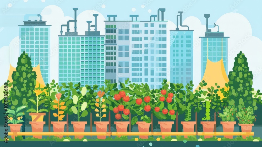 Graphic of an urban farm growing crops vertically flat design front ...