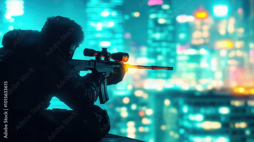 A stealthy sniper crouches on a rooftop, aiming through a scope, as ...