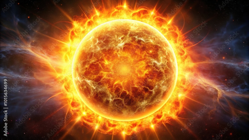Sun with solar flares and coronal mass ejections emitting energy and ...