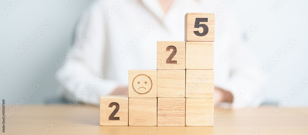 Happy New Year 2025 with Sad face block. Satisfaction, feedback, Review ...