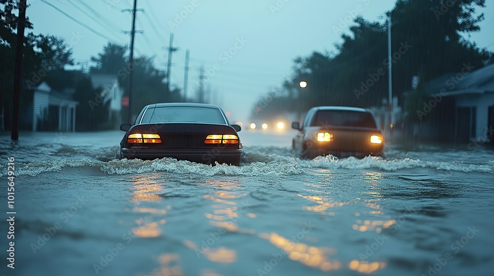 Vehicles submerged under water during severe flooding from a hurricane ...