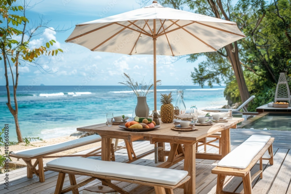 Coastal Dining Table Set with Umbrella on Beach House Deck Overlooking ...