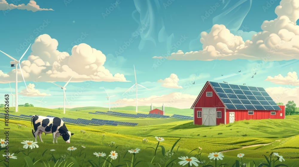 Cartoon vector Vector art of a modern cattle farm with solar panels on ...
