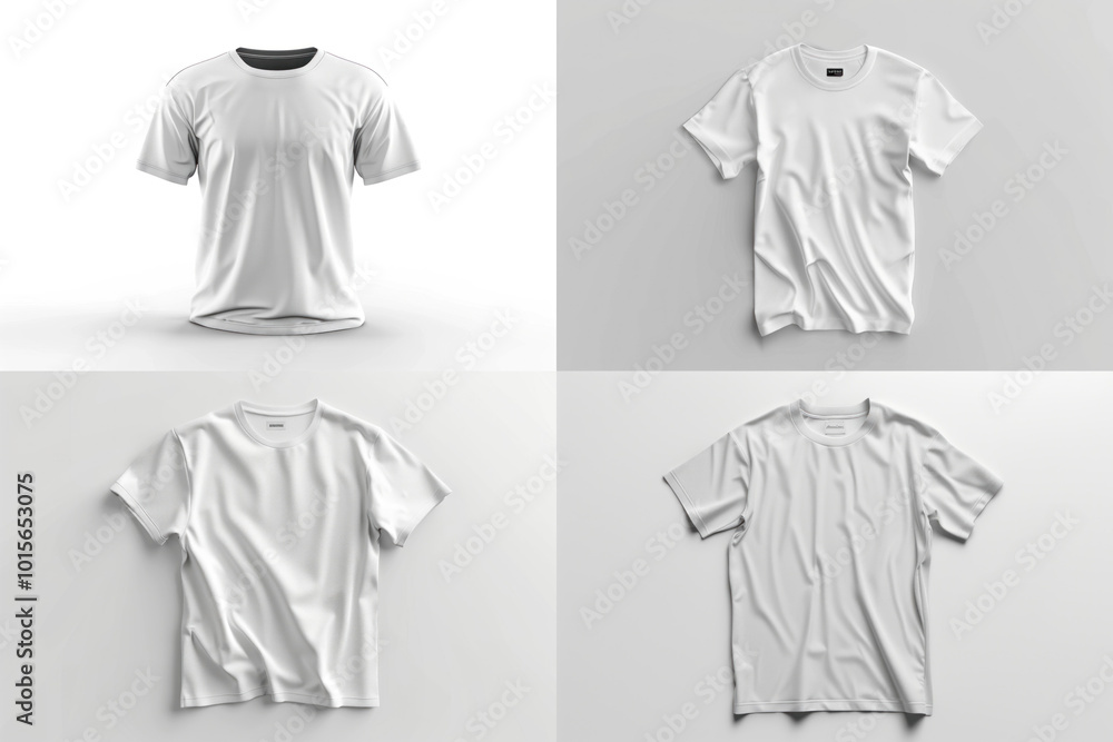 Four white t-shirts on display mannequins against a brick wall ...