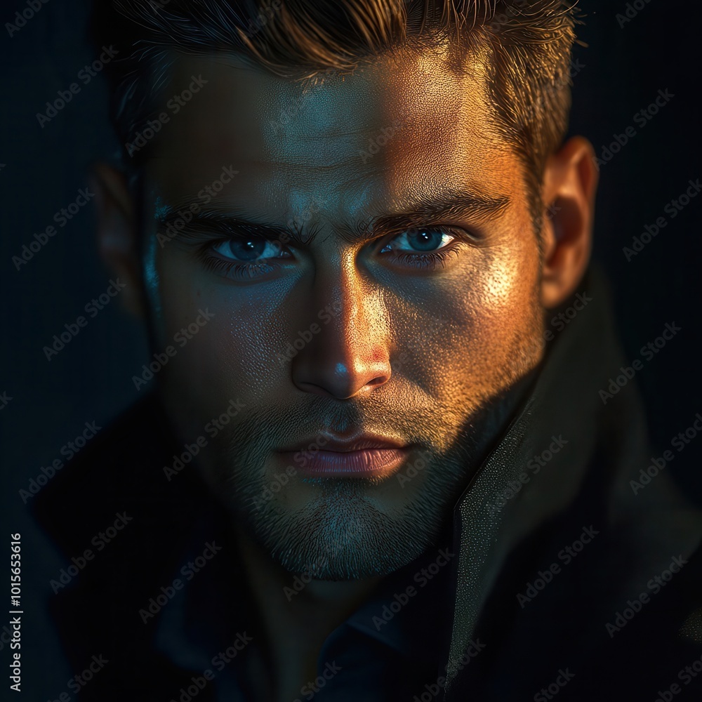 Confident individual making intense eye contact, bright lighting, body ...