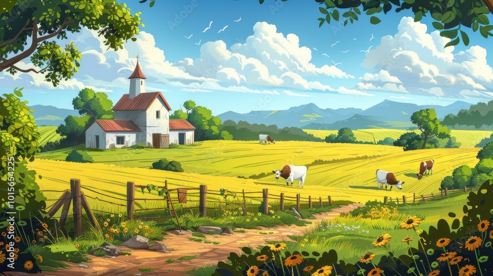 Cartoon drawing of a family-operated modern cattle farm with lush ...