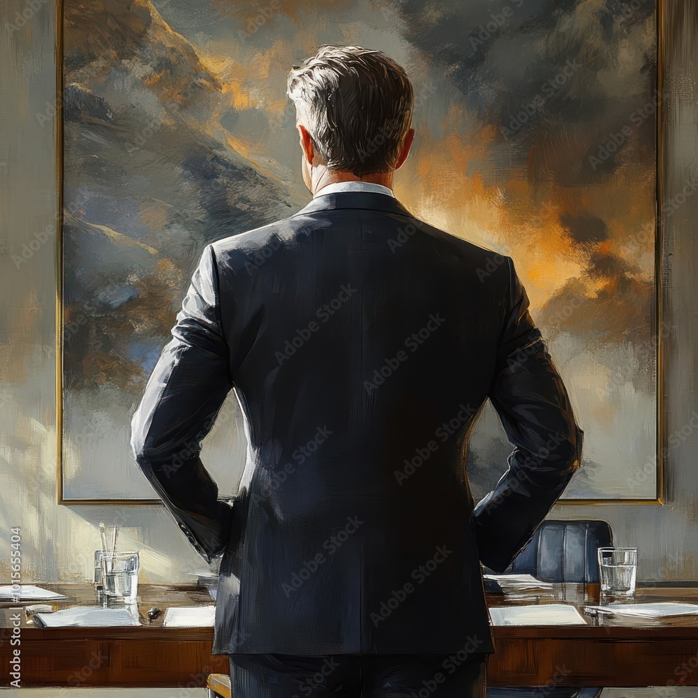 Professional standing confidently in a business meeting, soft lighting ...