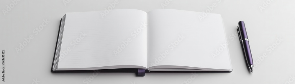 Topdown view of an open notebook mockup with blank pages, a stylish pen ...