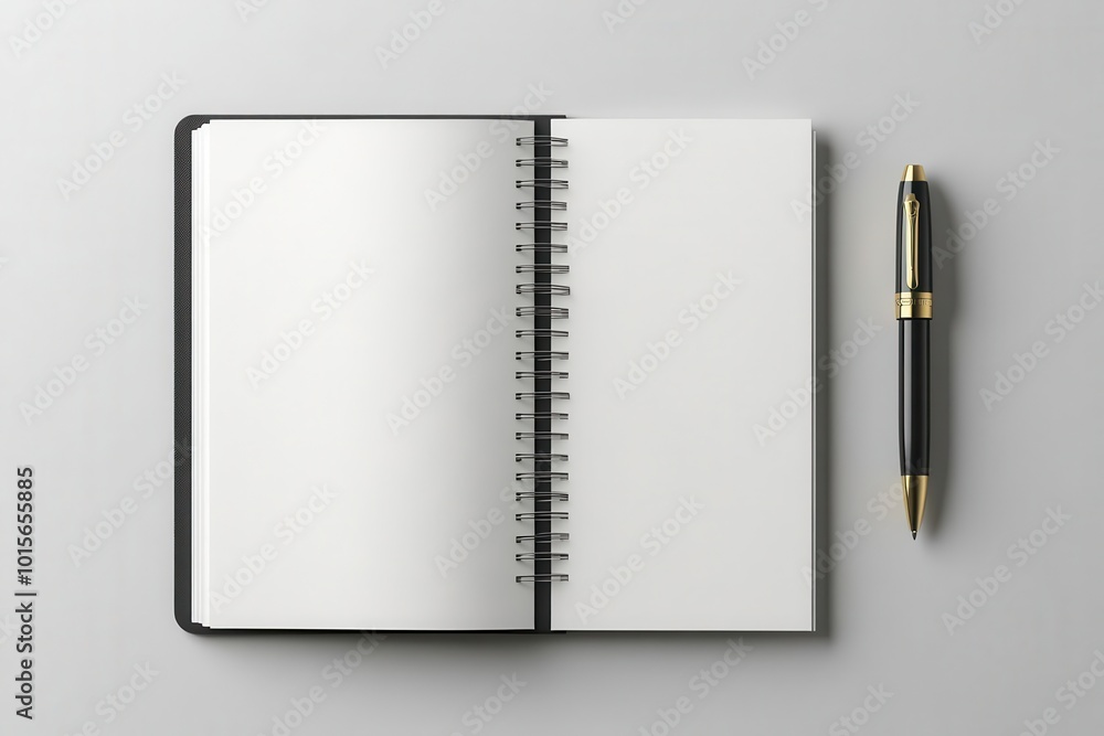 Topdown view of an open notebook mockup with blank pages, a stylish pen ...