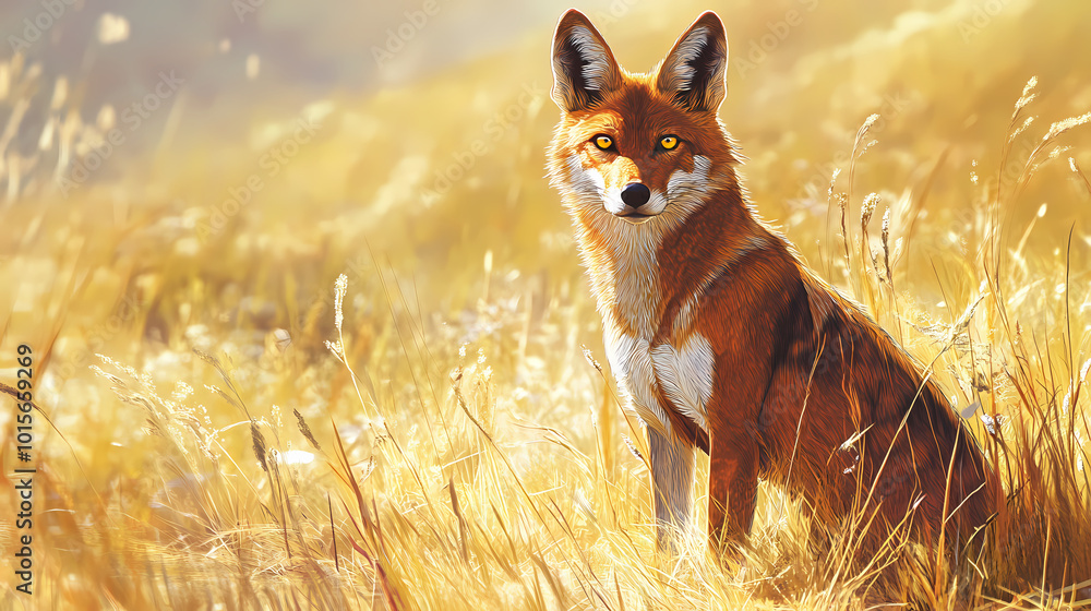 Majestic ethiopian wolf, canis simensis, with rusty-red fur and ...