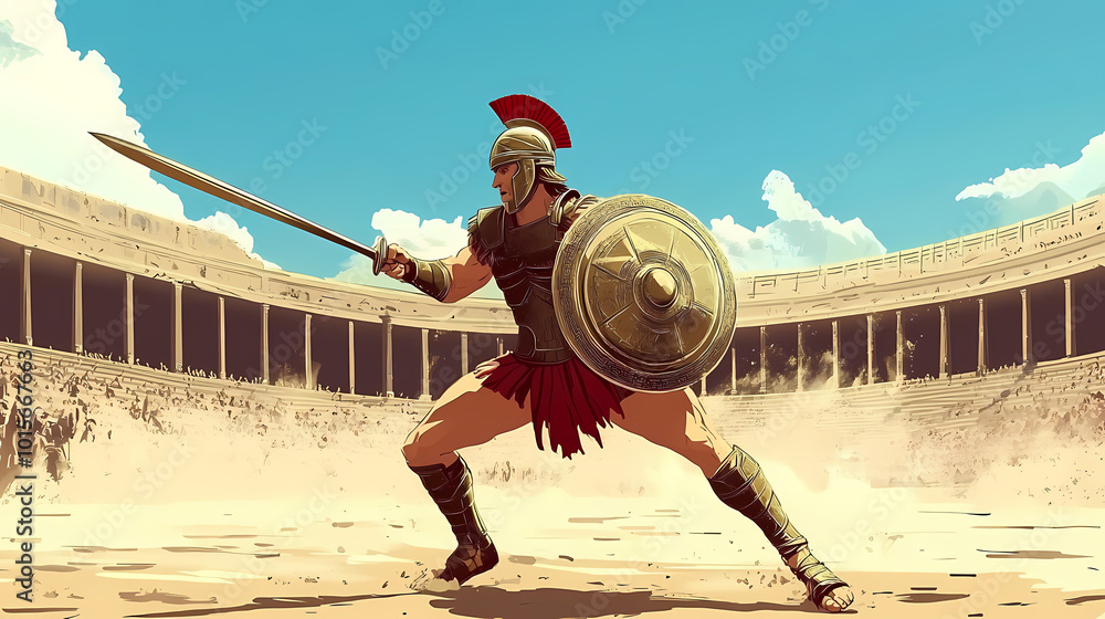Realistic gladiator is fighting with sword and shield on arena fight ...
