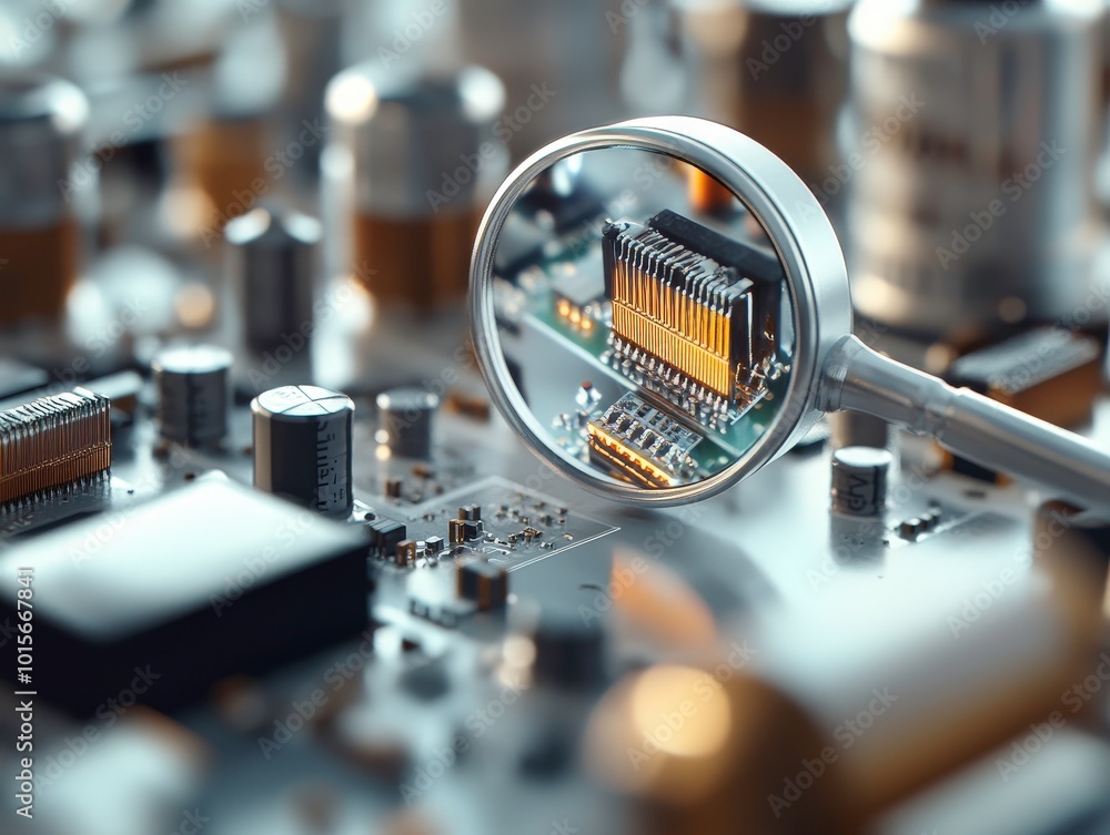 3D render of Zoomed-in shot of intricate electronic components, such as ...