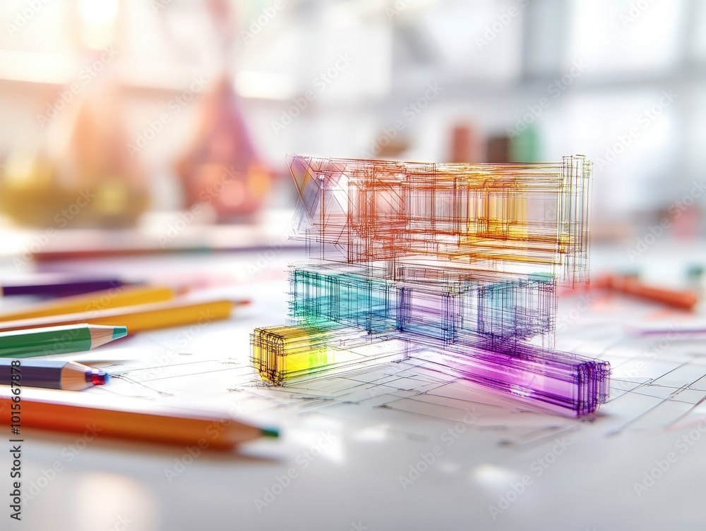 line art stick figures holographic of Zoomed-in view of a 3D ...