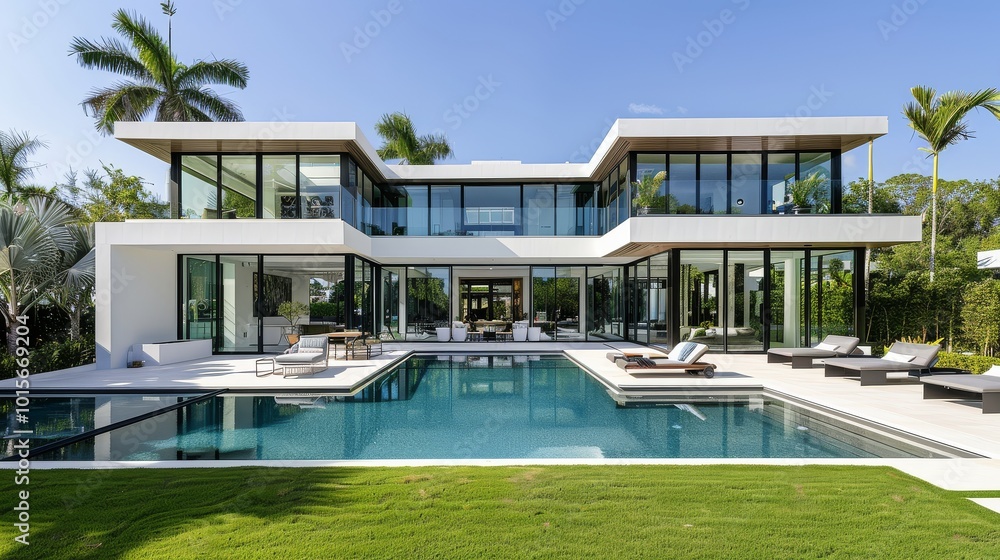 Stunning modern mansion with large windows, flat roof, and white walls ...