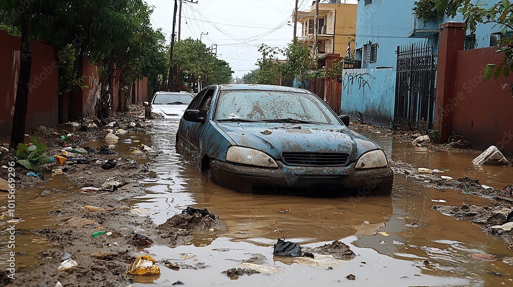 Cars stuck in floodwaters after a heavy downpour, showing the aftermath ...