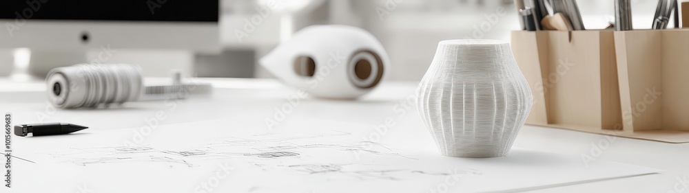 fashion editorial of Close-up of a 3D printed prototype model alongside ...