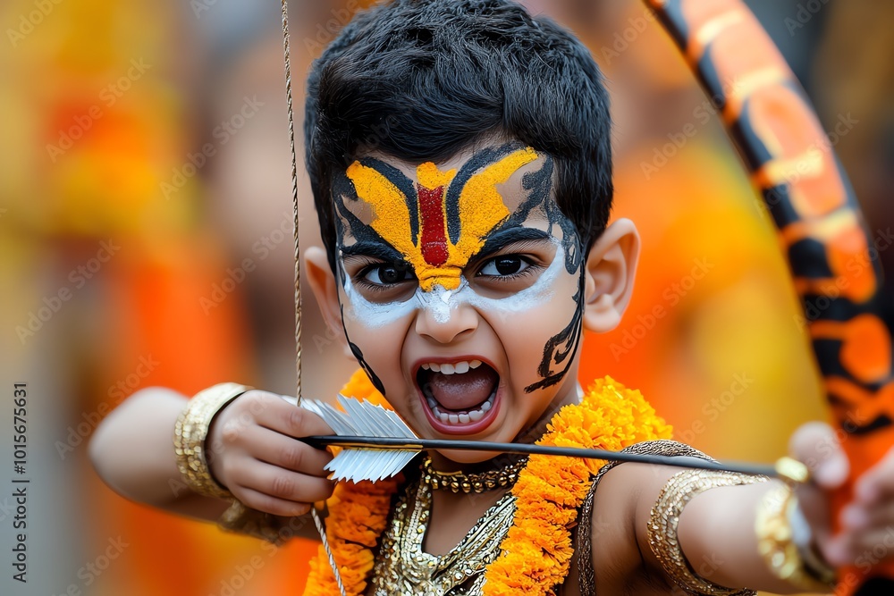 Realistic image of a child dressed as Ram during a Dussehra play ...