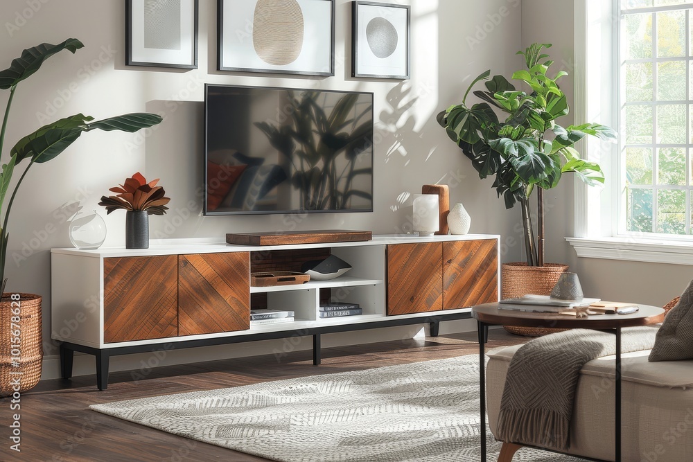 Modern low wide TV console with two doors and open shelves, featuring a ...