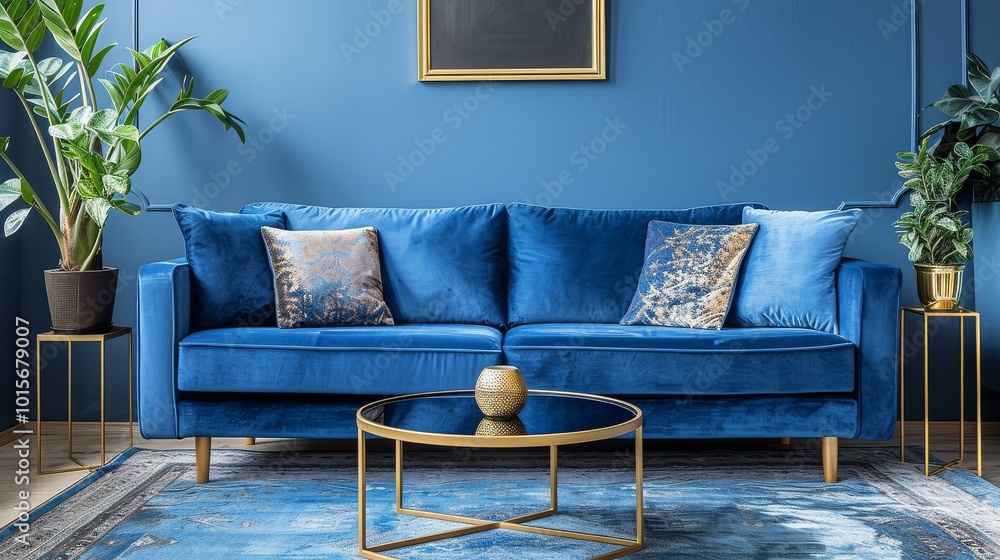 Modern blue fabric sofa with gold legs, complemented by a sleek metal ...