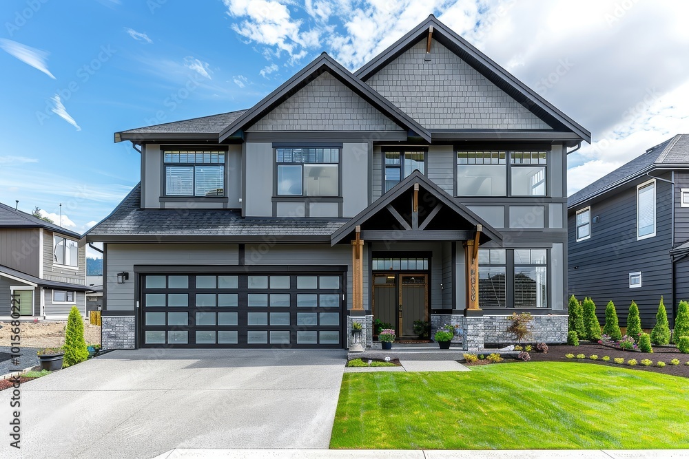 Modern two-story home with grey vinyl siding, concrete driveway, and ...