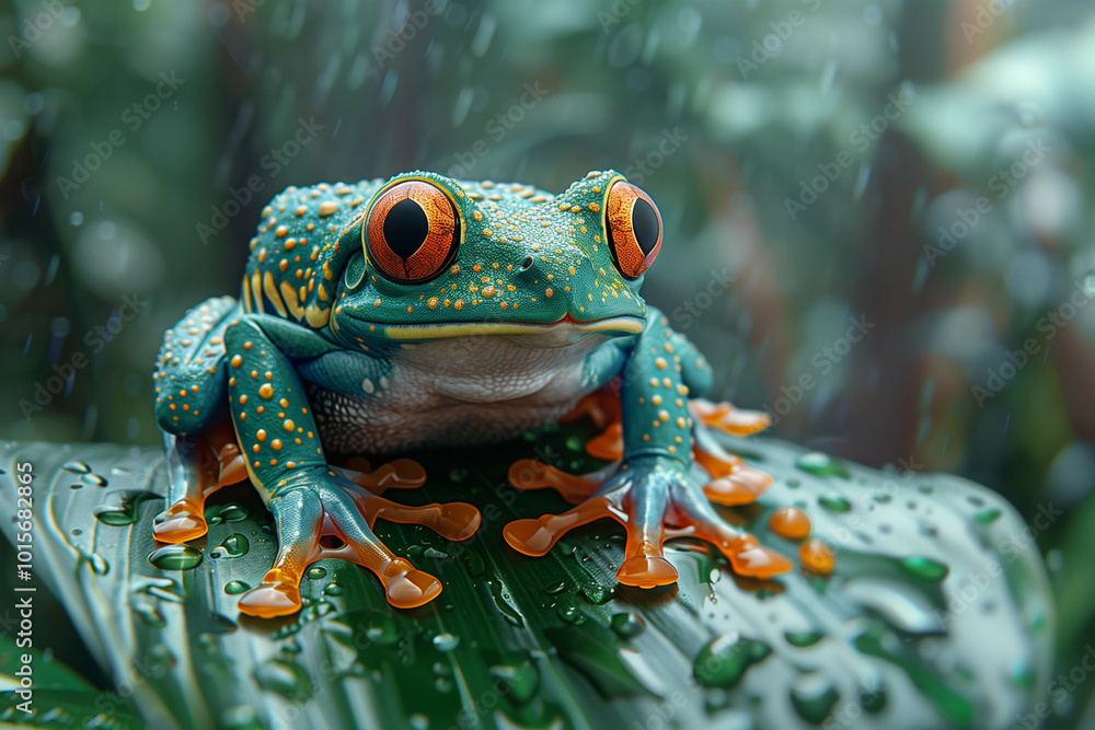 Vivid close-up of a colorful rainforest frog sitting on a wet leaf ...