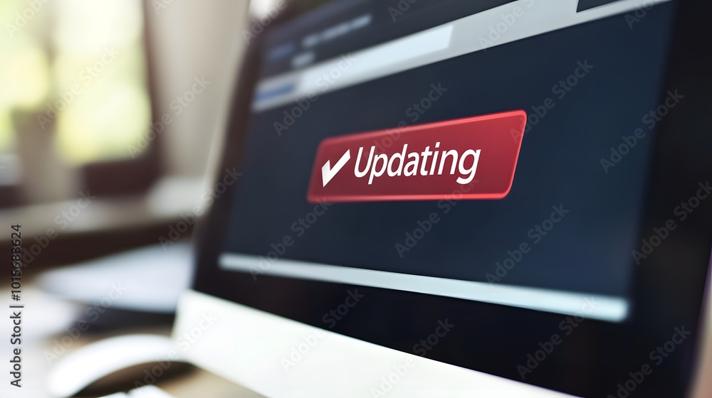 Close-up of computer screen showing software update progress bar with "Updating" text, keyboard ...