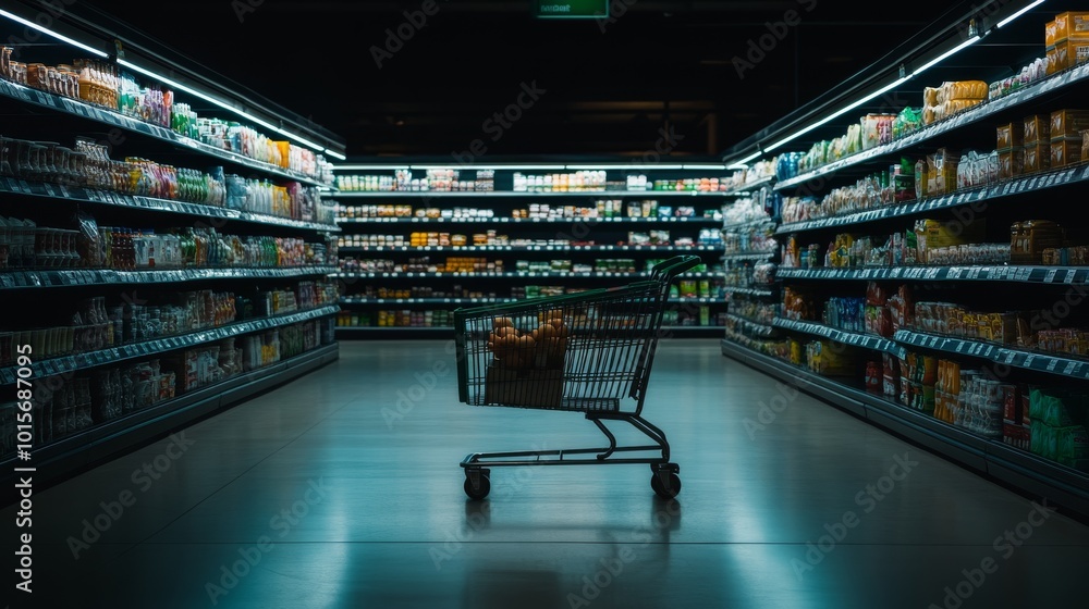 A nearly empty shopping cart holds basic groceries like bread, milk ...