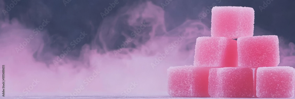 Pink sugar cubes stacked in a pyramid, with a dreamy backdrop of pink ...