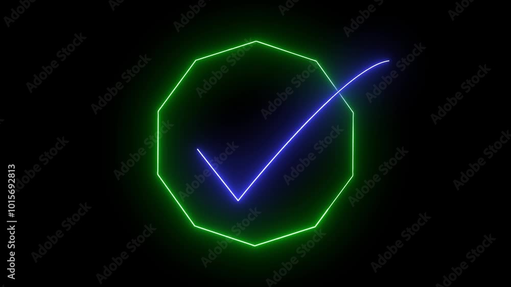 neon glowing blue check mark icon, tick mark icon animation on a black ...