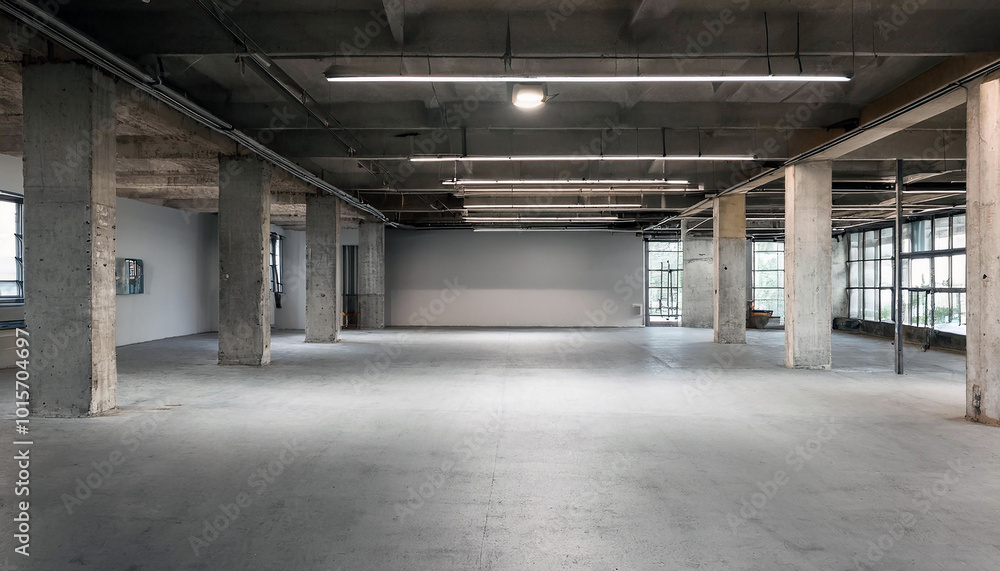 Vast, empty warehouse interior; concrete floors and columns, high ...