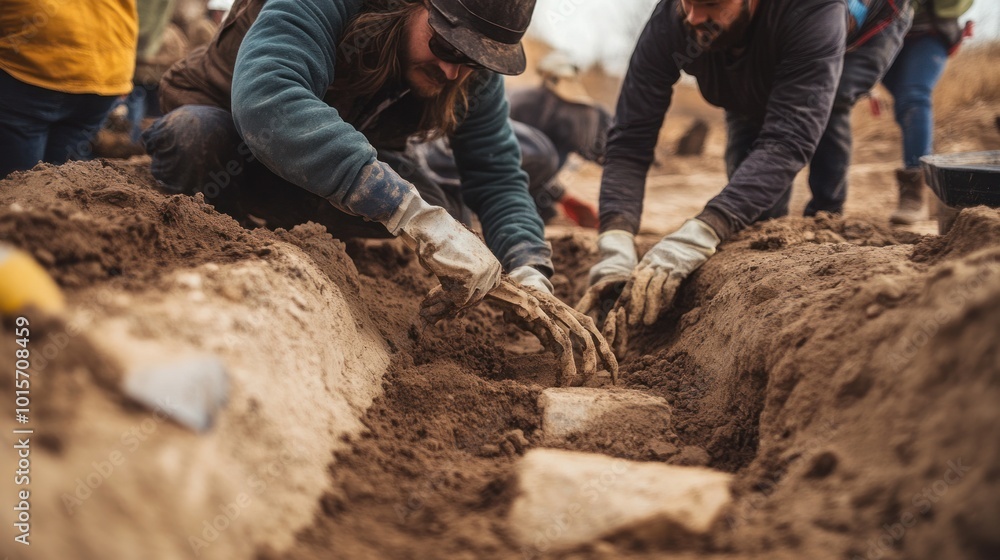 Archaeological dig revealing dinosaur bones buried in layers of dirt ...