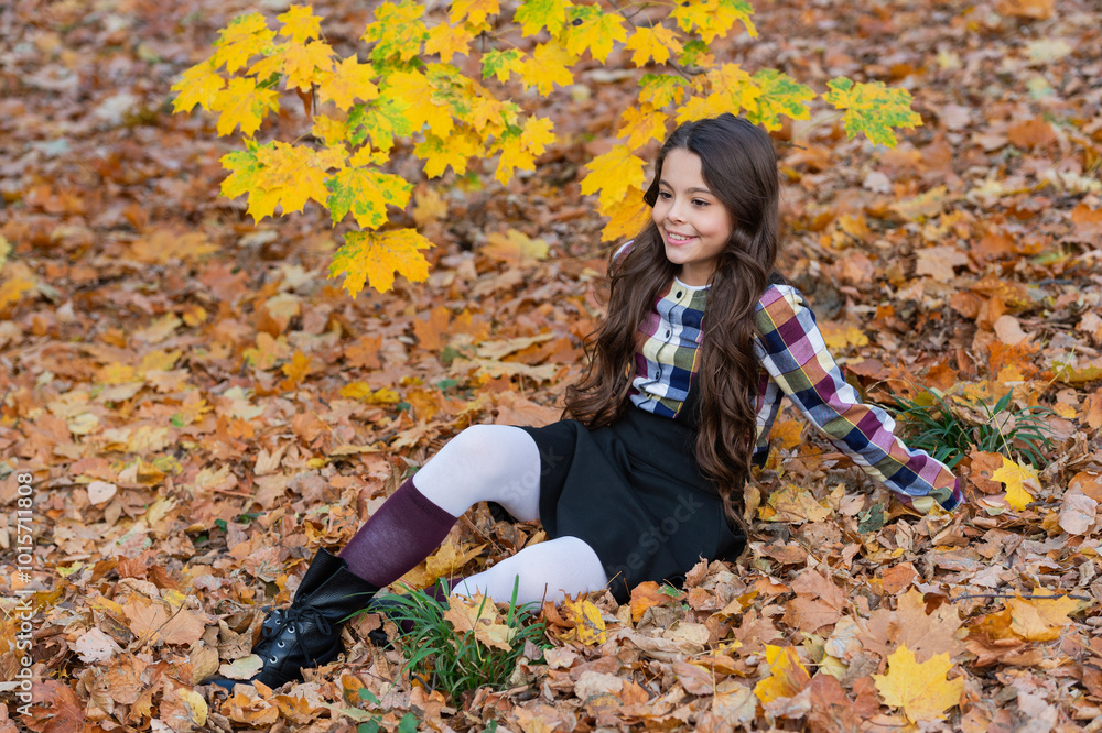 Teen autumn uniform style. Autumn girl in school uniform sit in fall ...