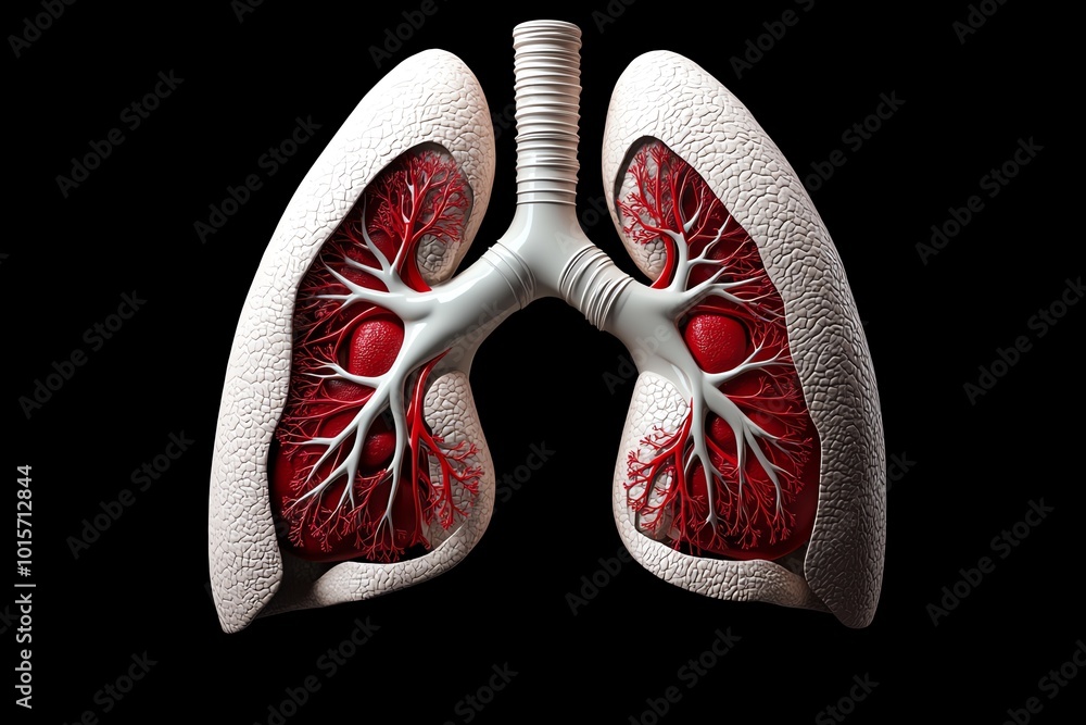 Realistic view of blood circulation in the lungs, showing the pulmonary ...