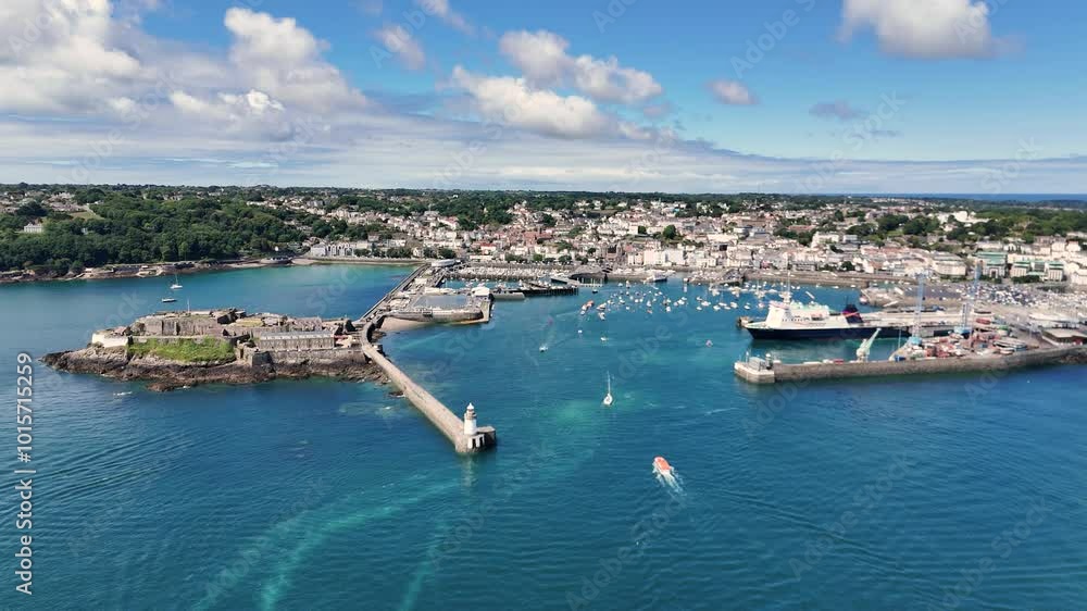 Approach to St Peter Port Harbour Guernsey showing the whole harbour ...