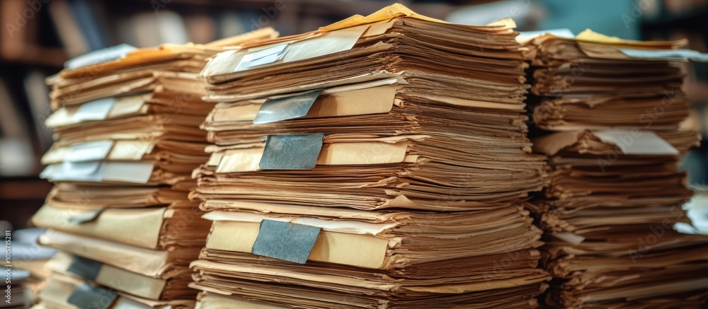 Stack of old paper files in an archive, organised and labelled. Stock ...