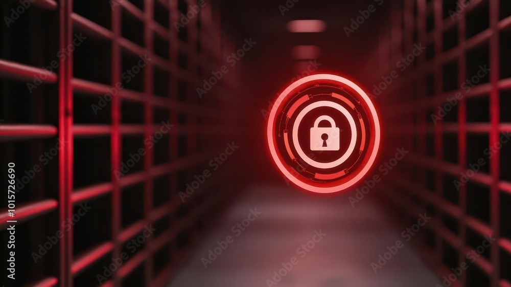 Glowing cyber security icons floating above prison cells, symbolizing ...